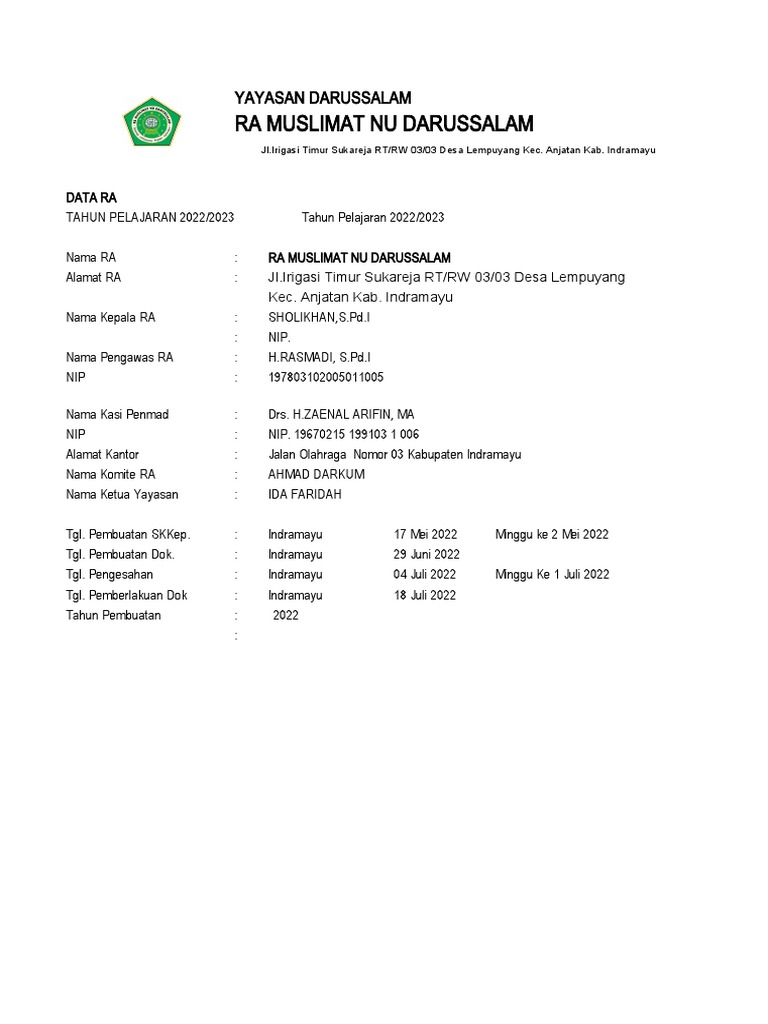 1.1.c. PANDUAN & CONTOH DOK. KTSP RA TH 2022-2023 | PDF
