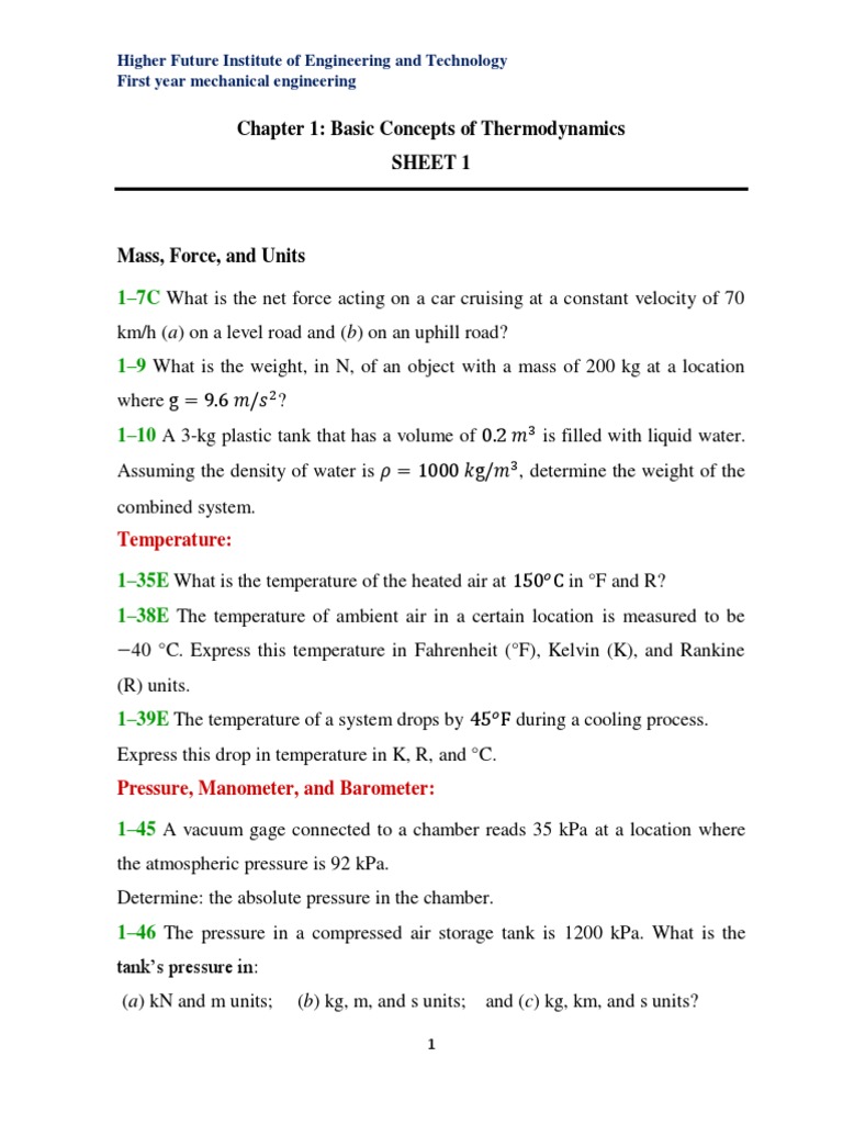 Chapter 1: Basic Concepts of Thermodynamics Sheet 1: Temperature | PDF ...