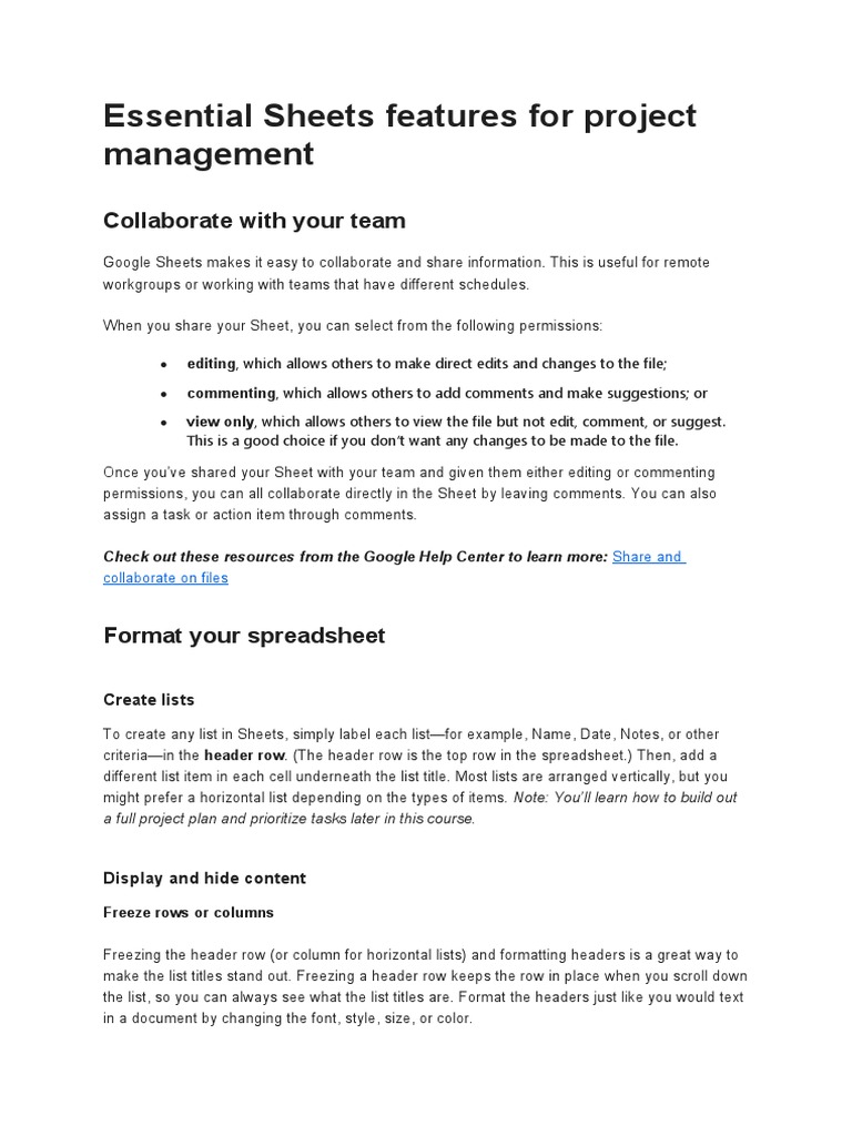 Essential Sheets Features For Project Management | PDF | Spreadsheet | Data