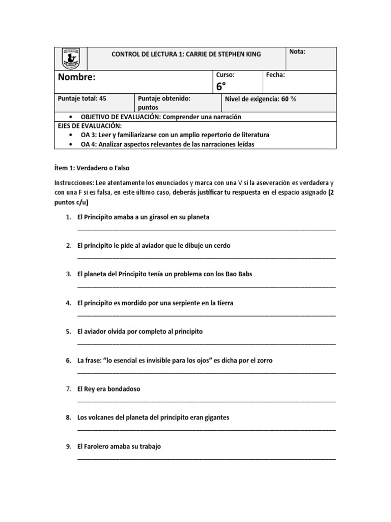 Control de Lectura El Principito | PDF | El Principito