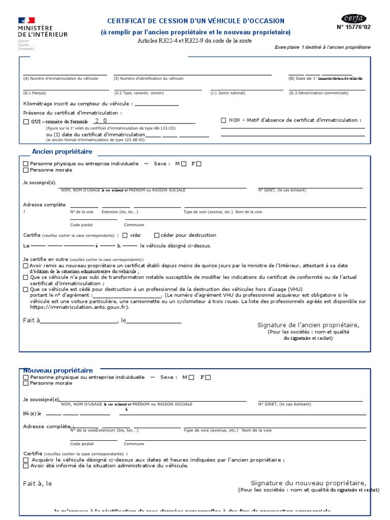 Cerfa 15776-02 | PDF | Transport | Véhicules