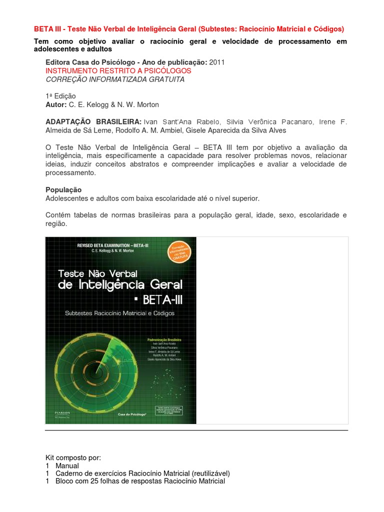 BETA III Ficha Técnica | PDF | Inteligência | Ciência cognitiva