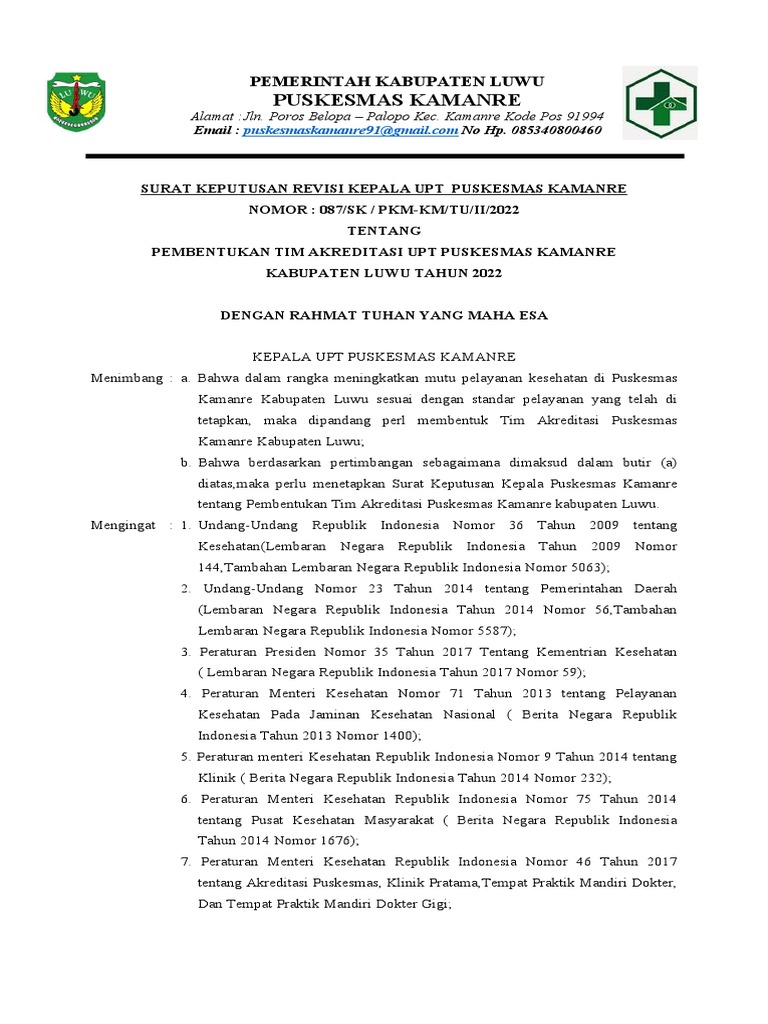 SK Tim Akreditasi PKM Kamanre 2022 (Revisi) | PDF