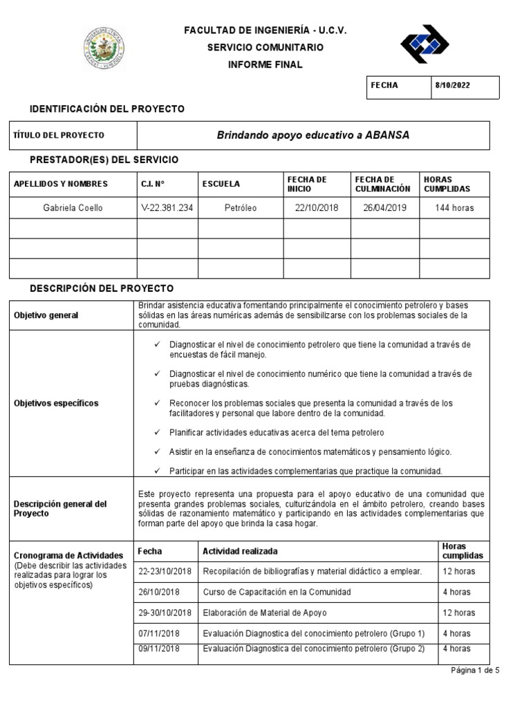 Informe - Final Servicio Comunitario ABANSA | PDF | Aprendizaje | Conocimiento