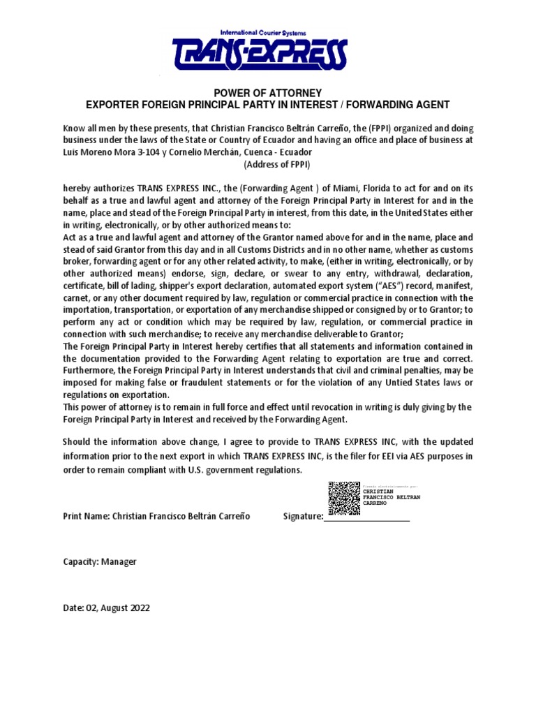 Power of Attorney Exporter Foreign Principal Party in Interest ...