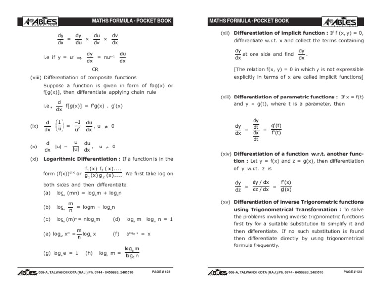 Maths Formula Pocket Book | PDF | Analysis | Mathematical Concepts
