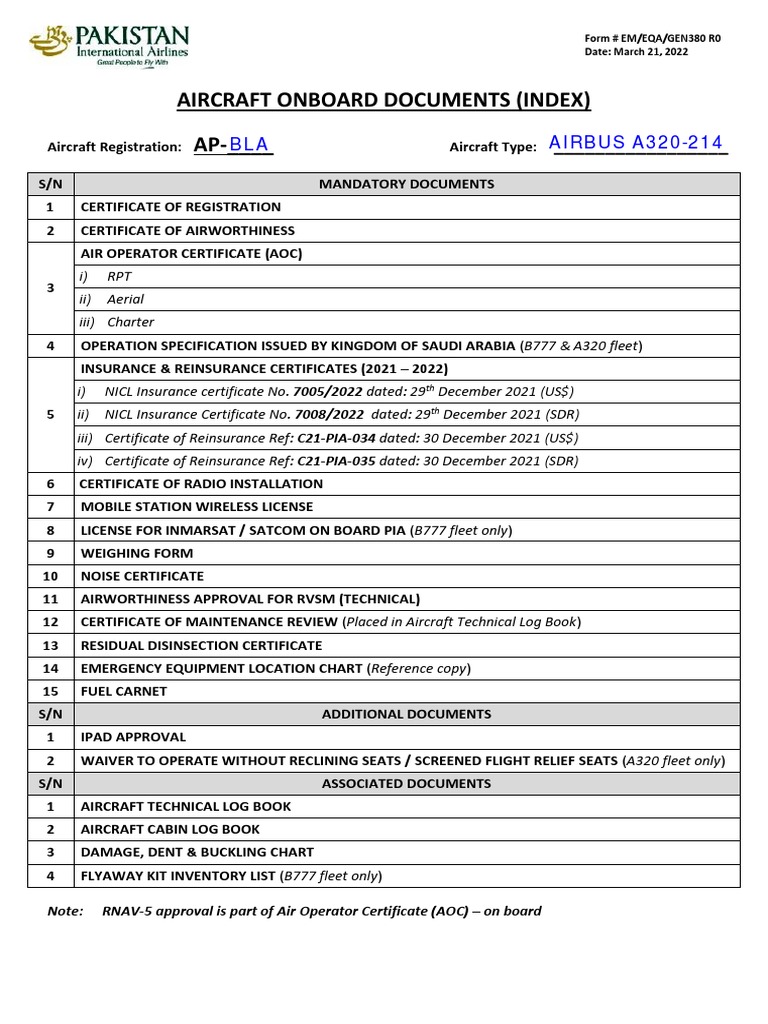 Aircraft Onboard Documents (Index) AP - : AIRBUS A320-214 | PDF ...