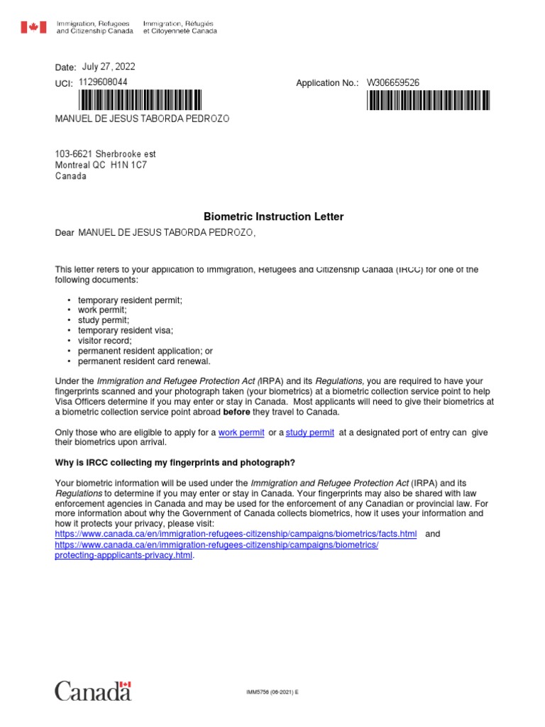 Manuel de Jesus - IRCC - Biometrics Letter | PDF | National Security ...