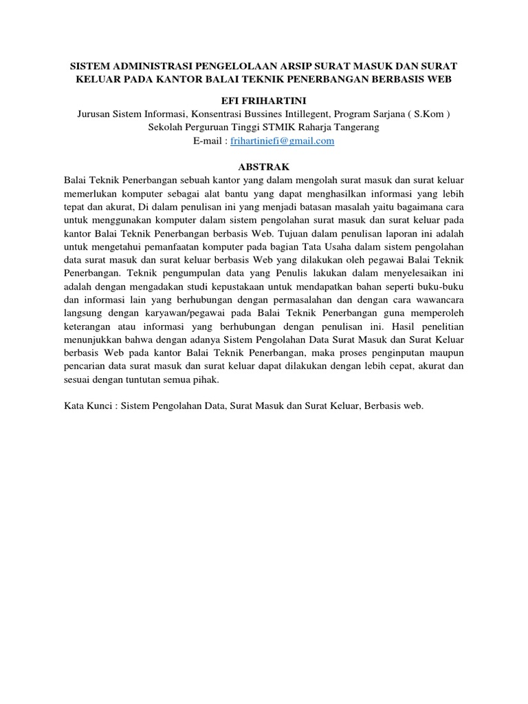 Sistem Administrasi Pengelolaan Arsip Surat Masuk Dan Surat Keluar Pada Kantor Balai Teknik ...