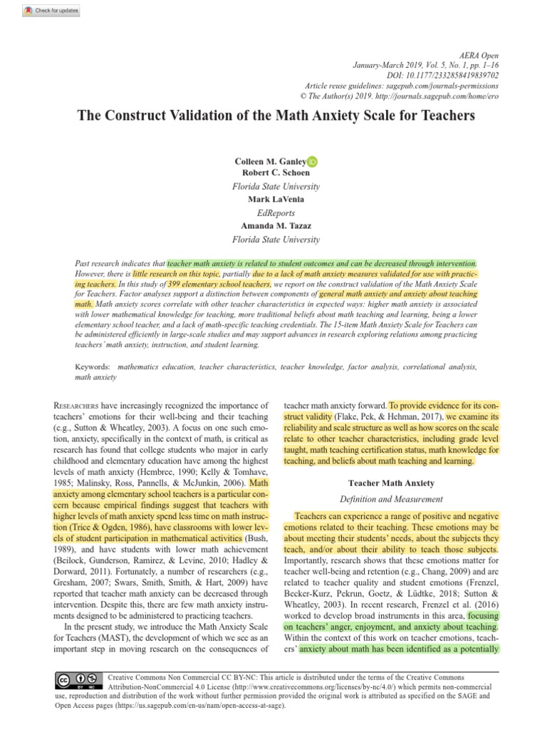 Colleen 2019 The Construct Validation of The Math Anxiety Scale For Teachers | PDF | Teachers ...