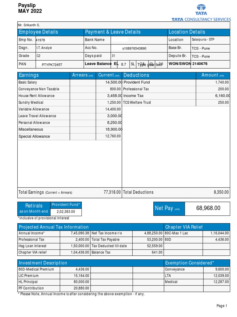 Tata Consultancy Services Payslip | PDF | Taxes | Paycheck