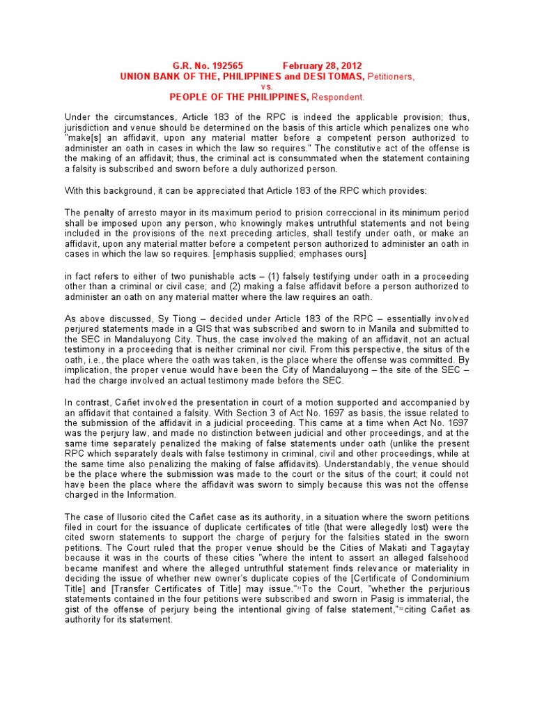 Perjury Under Article 183 RPC Explained | PDF | Perjury | Affidavit