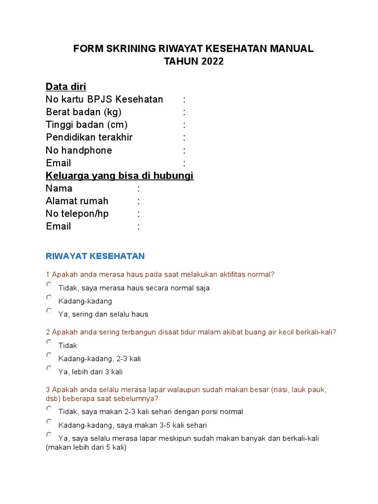 Form Skrining Riwayat Kesehatan Manual Tahun 2022 | PDF