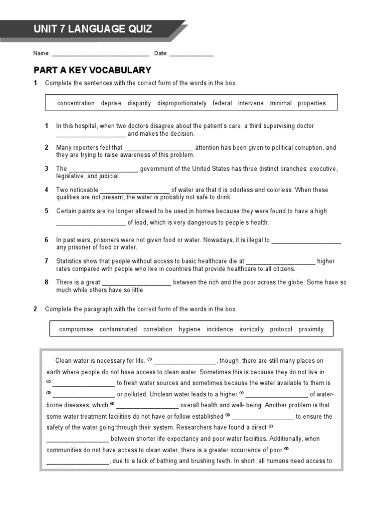 Unit 7 Language Quiz: Part A Key Vocabulary | PDF | Water | Drinking Water