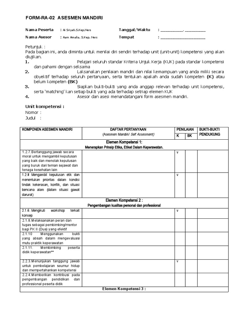 FORM-RA-02 ASESMEN MANDIRI POA CALON ASESOR Final | PDF