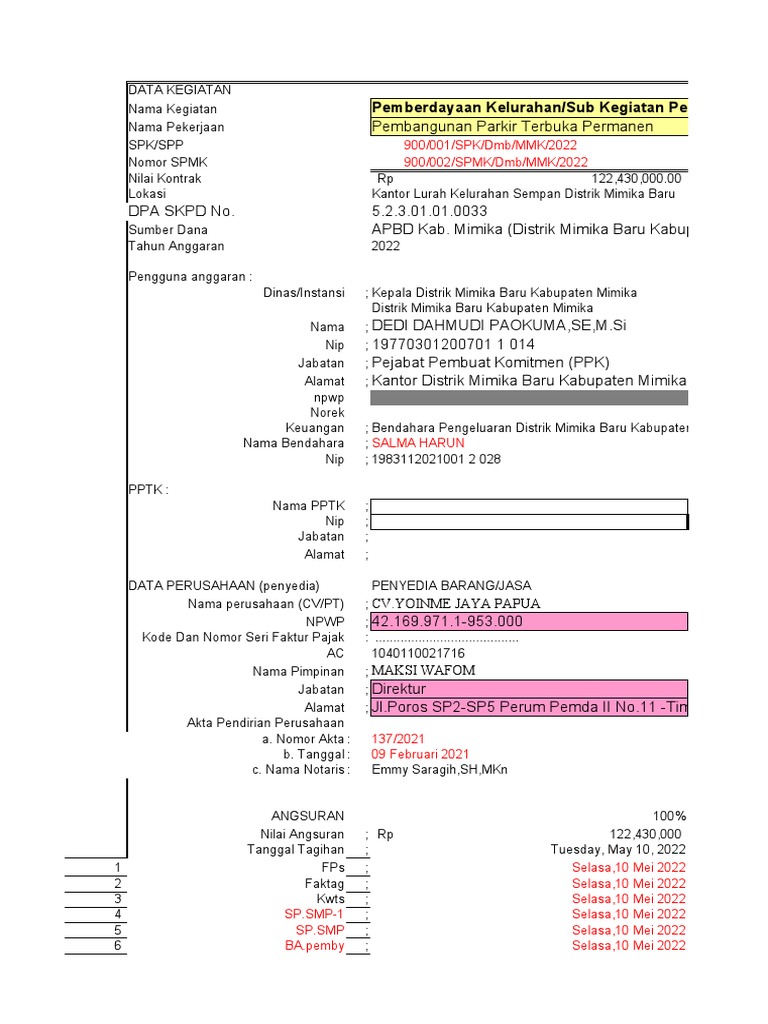 Tagihan CV - Yoinme Jay Papua - Distrik Miru | PDF