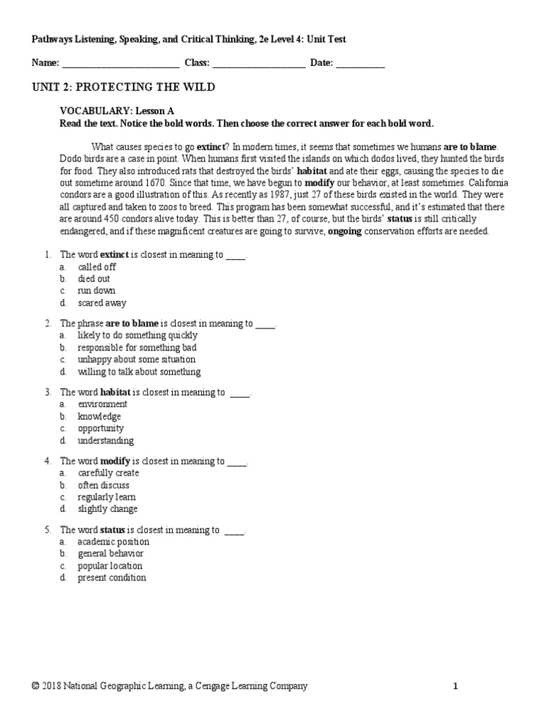 Pathways 4 Listening & Speaking Unit 2 Test | PDF | Learning | Test Of ...