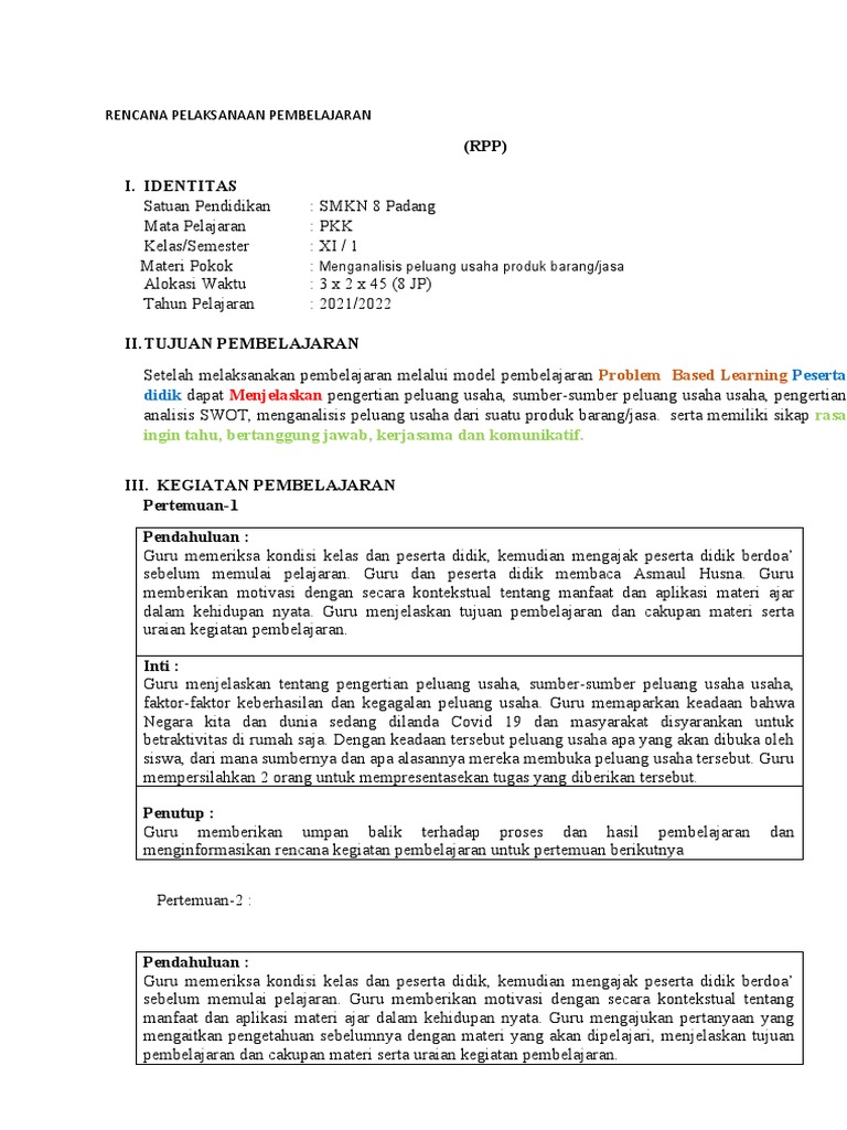 RPP KD 3.2 Menganalisis Peluang Usaha | PDF
