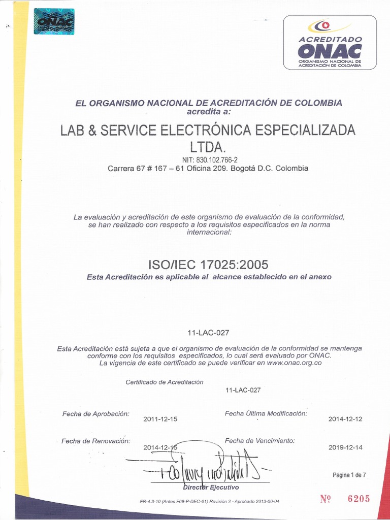 Certificado y Alcance 2015-2019 Lab&Service Electronica Especializada | PDF