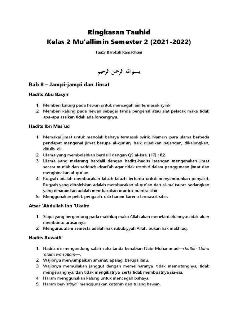 Ringkasan Tauhid Kelas 2 MLN Semester 2 (2021-2022) | PDF