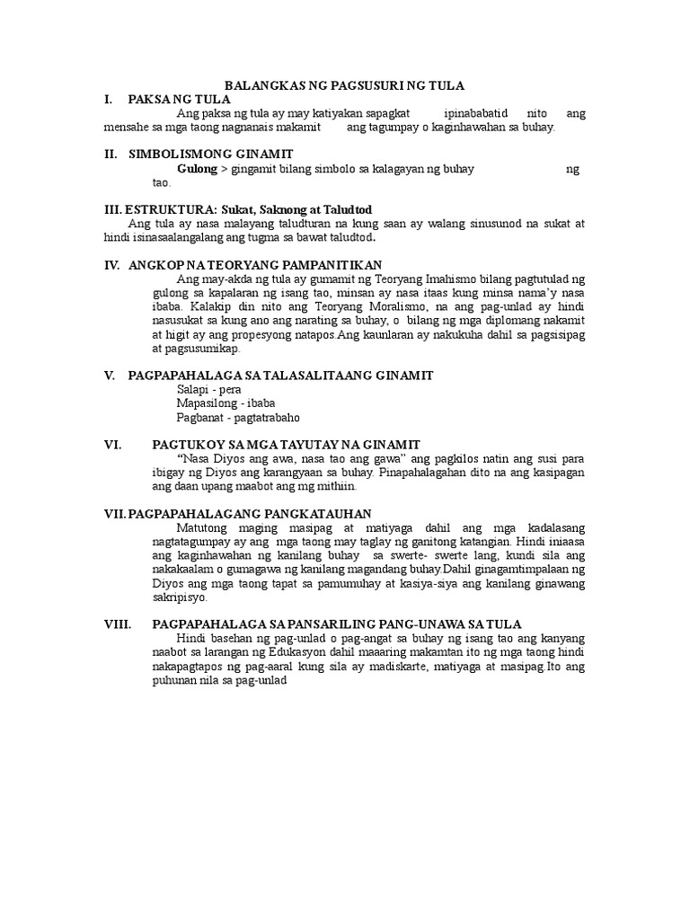 Balangkas NG Pagsusuri NG Tula | PDF