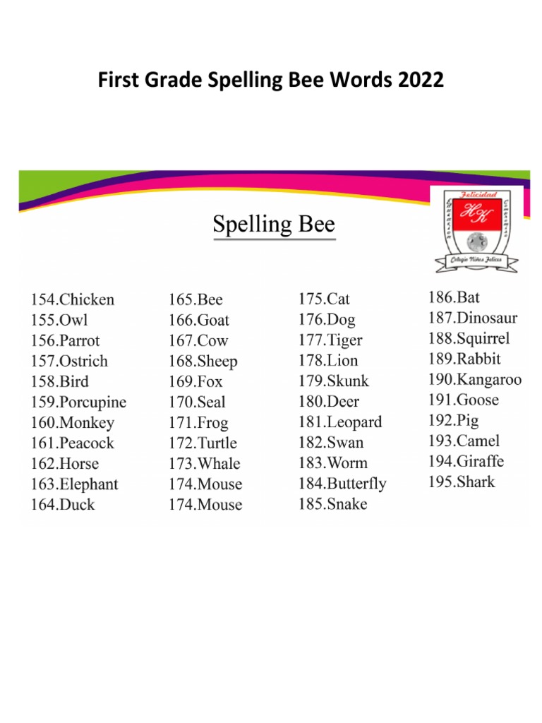 First Grade Spelling Bee Words 2022 | PDF