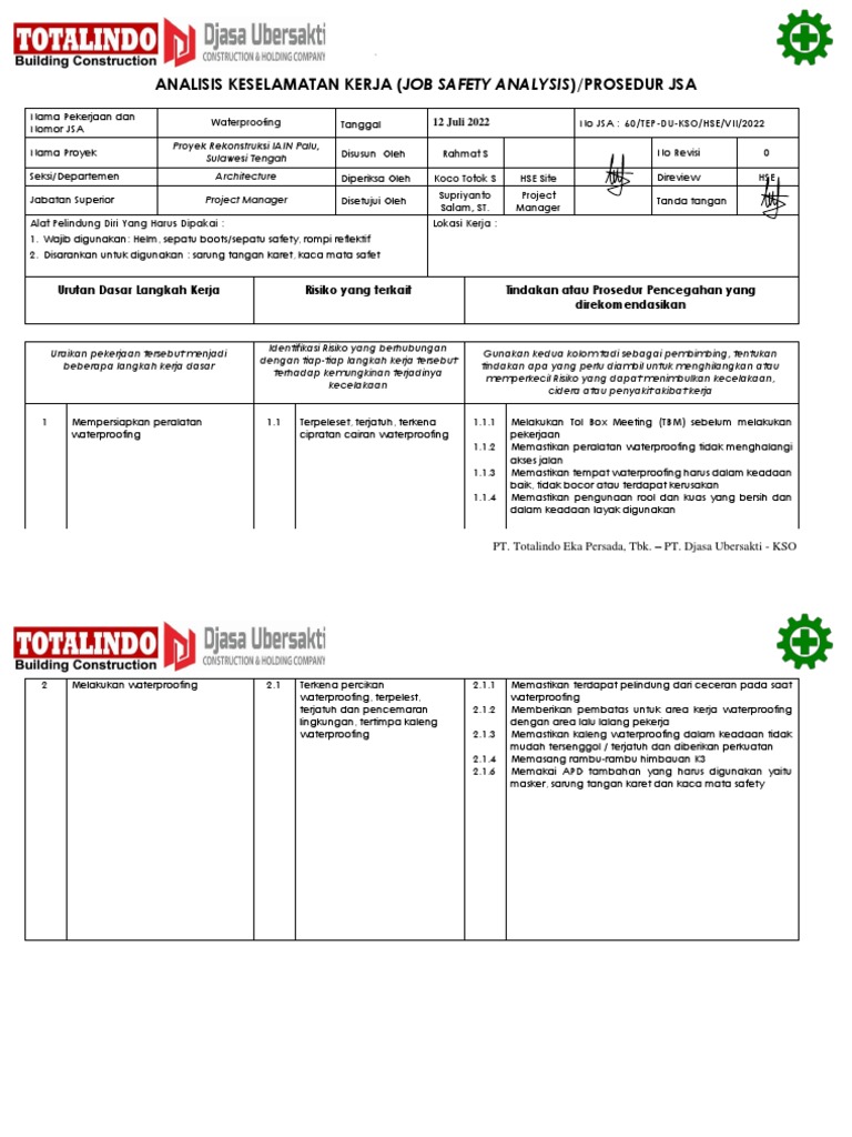 JSA Pekerjaan Waterproofing | PDF