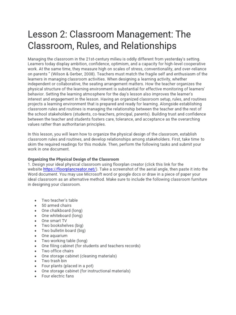 Lesson 2: Classroom Management: The Classroom, Rules, and Relationships ...