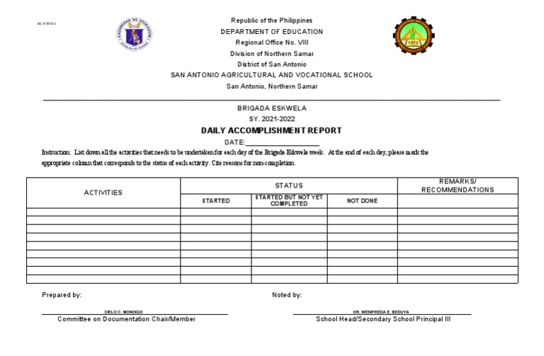 Brigada Eskwela Daily Report Form 6 | PDF