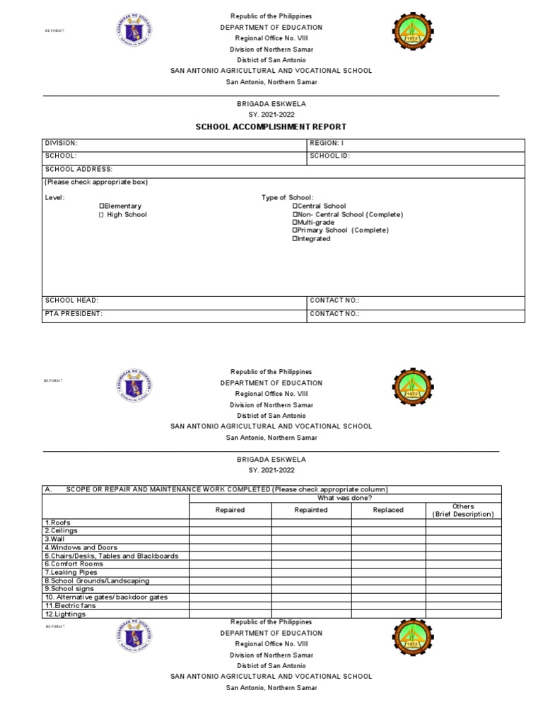 Brigada Eskwela Form 7 School Accomplishment Report | PDF | Building ...