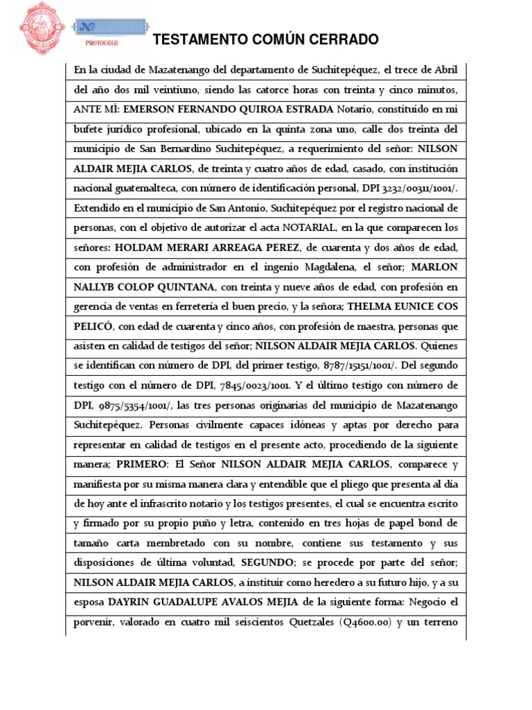Testamento Cerrado XD | PDF | Voluntad y testamento | Derecho Civil ...