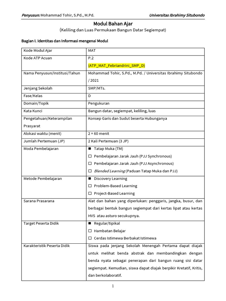 Modul Ajar Matematika - Bangun Datar, Segiempat, Keliling, Luas - Fase ...