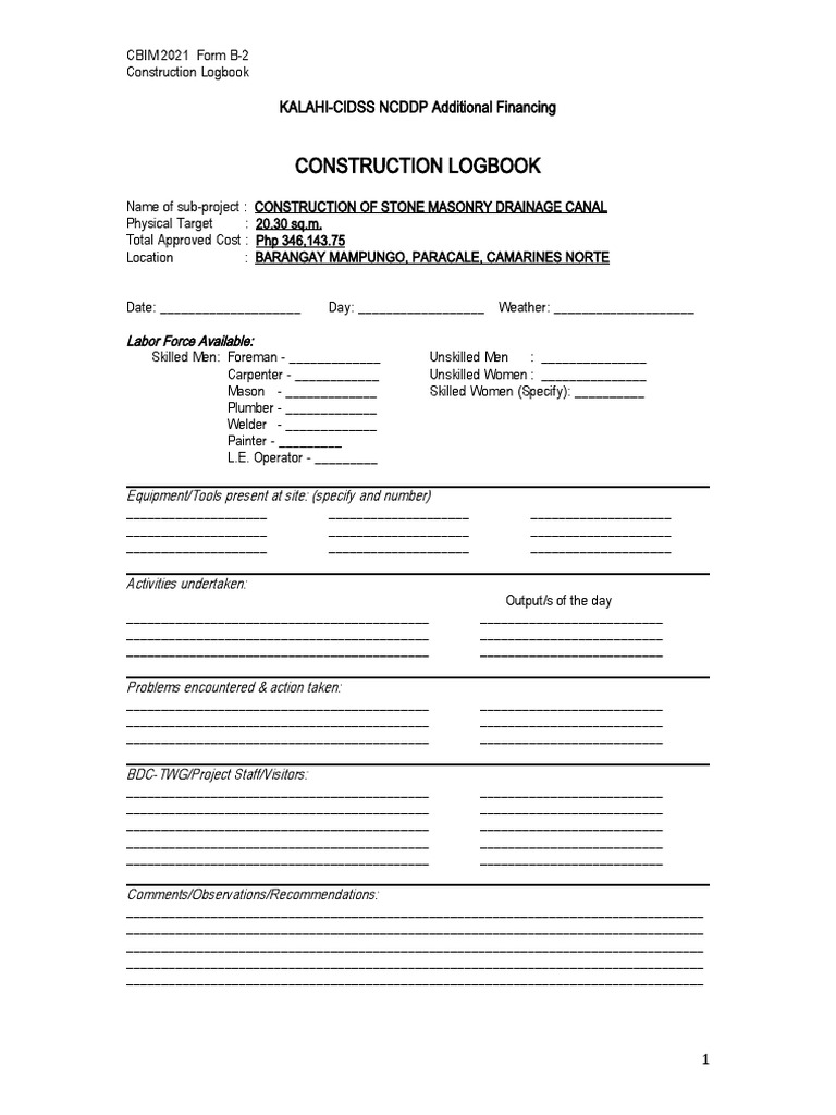 CBIM 2021 Form B 2 Construction Logbook | PDF | Engineering | Economies