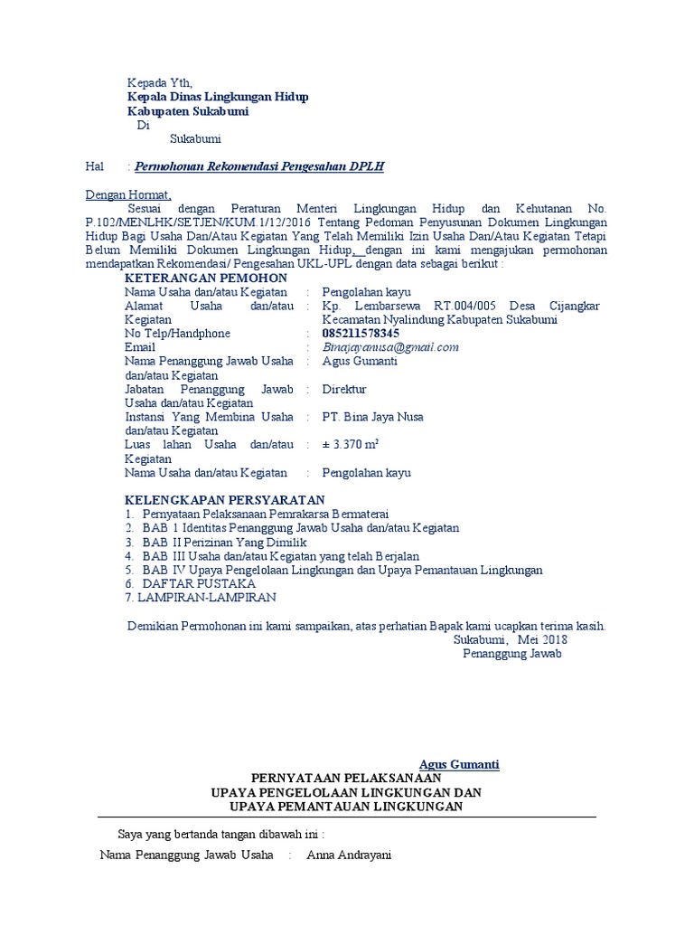 PERMOHONAN REKOMENDASI PENGAJUAN UKL-UPL | PDF
