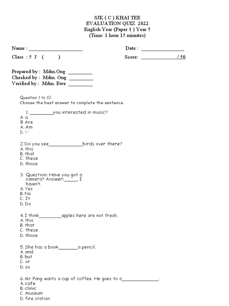 P1 Y5 Formative Test PAPER 1 | PDF | Sandwich | Cooking