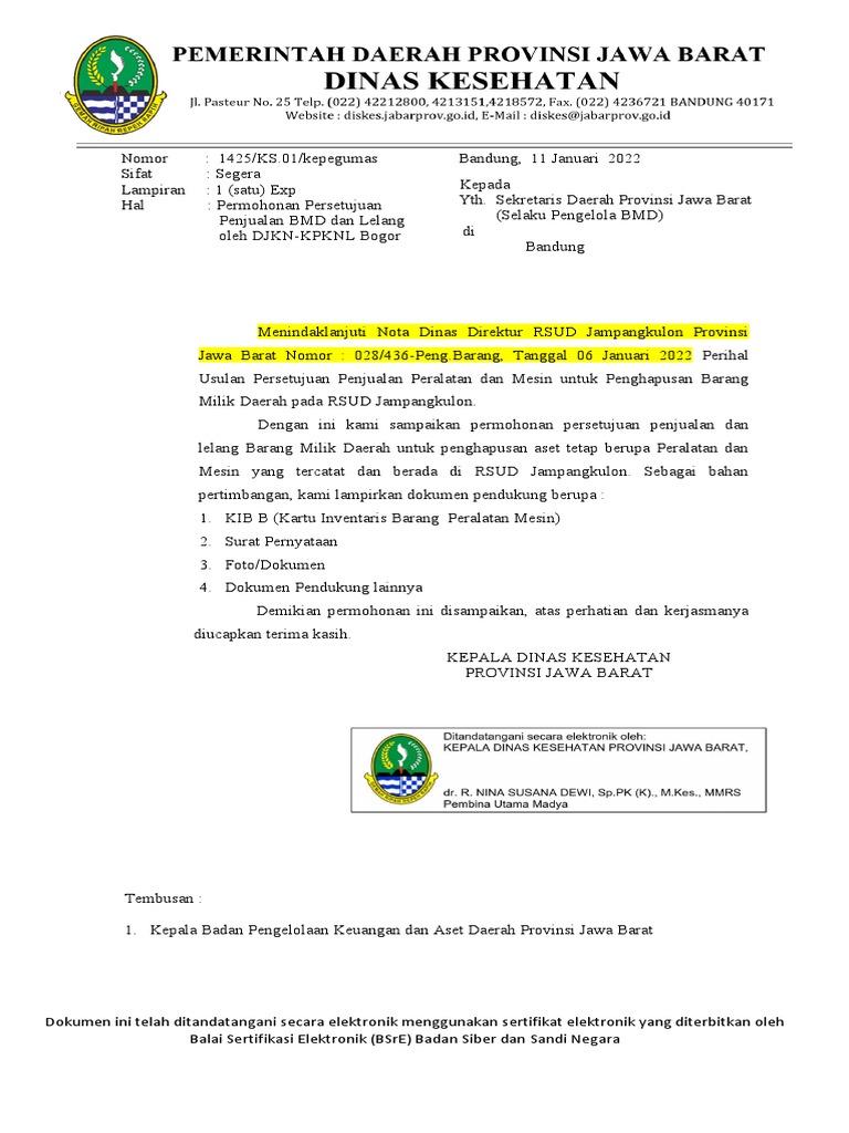 Surat Permohonan Persetujan Penjualan BMD Jampang REVISI | PDF