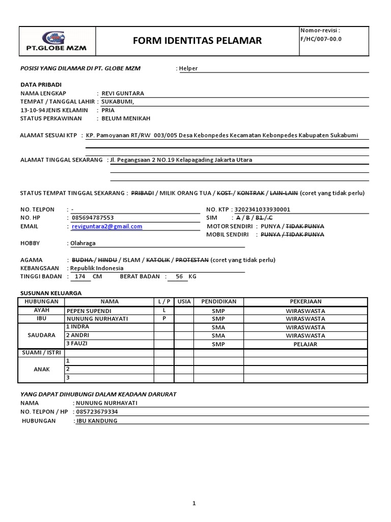 Form Identitas Pelamar (Revi Guntara) | PDF