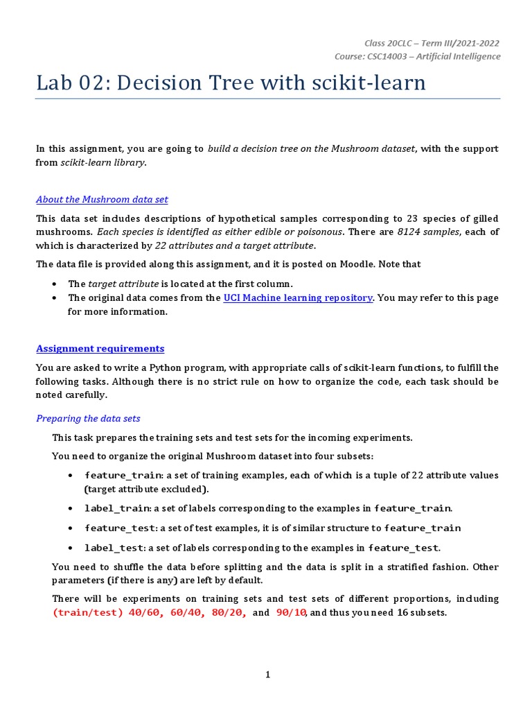 Lab 02: Decision Tree With Scikit-Learn: About The Mushroom Data Set ...