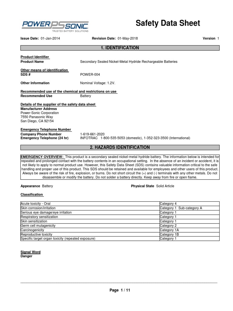 Material Safety Data Sheet MSDS Ni MH PDF | PDF | Rechargeable Battery ...