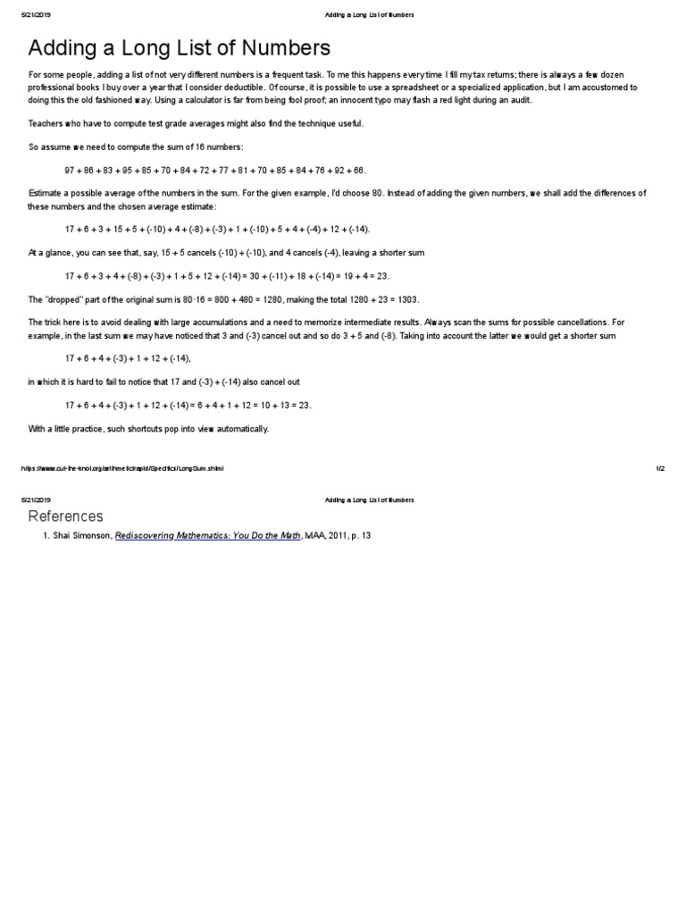 Adding A Long List of Numbers | PDF | Mathematics | Science