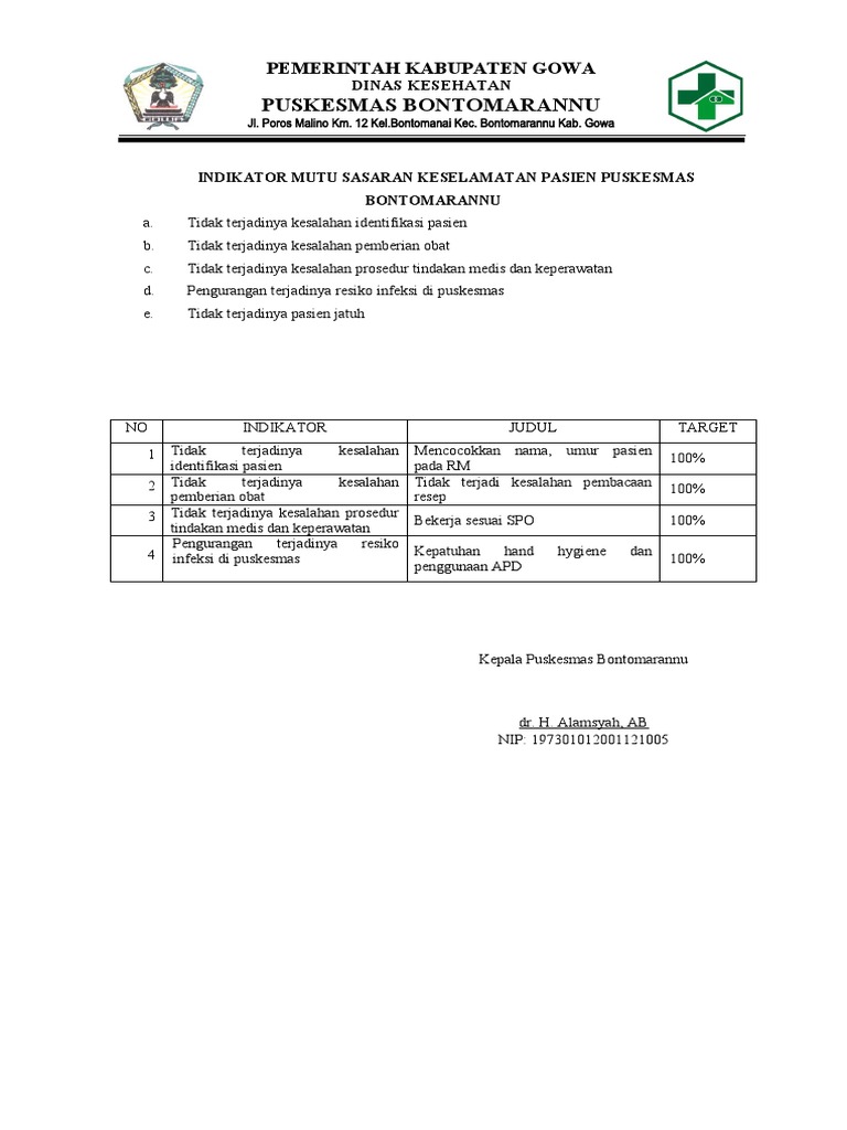 Indikator Mutu Sasaran Keselamatan Pasien Puskesmas Bontomarannu | PDF