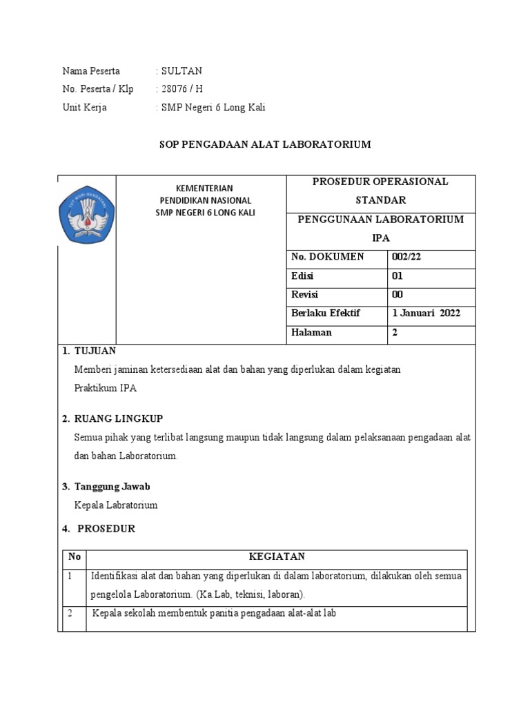 SOP Pengadaan Alat Laboratorium IPA | PDF
