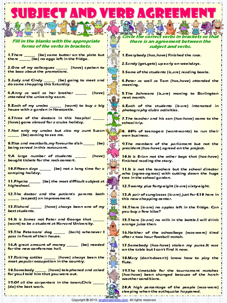 Subject and Verb Agreement Worksheet | PDF