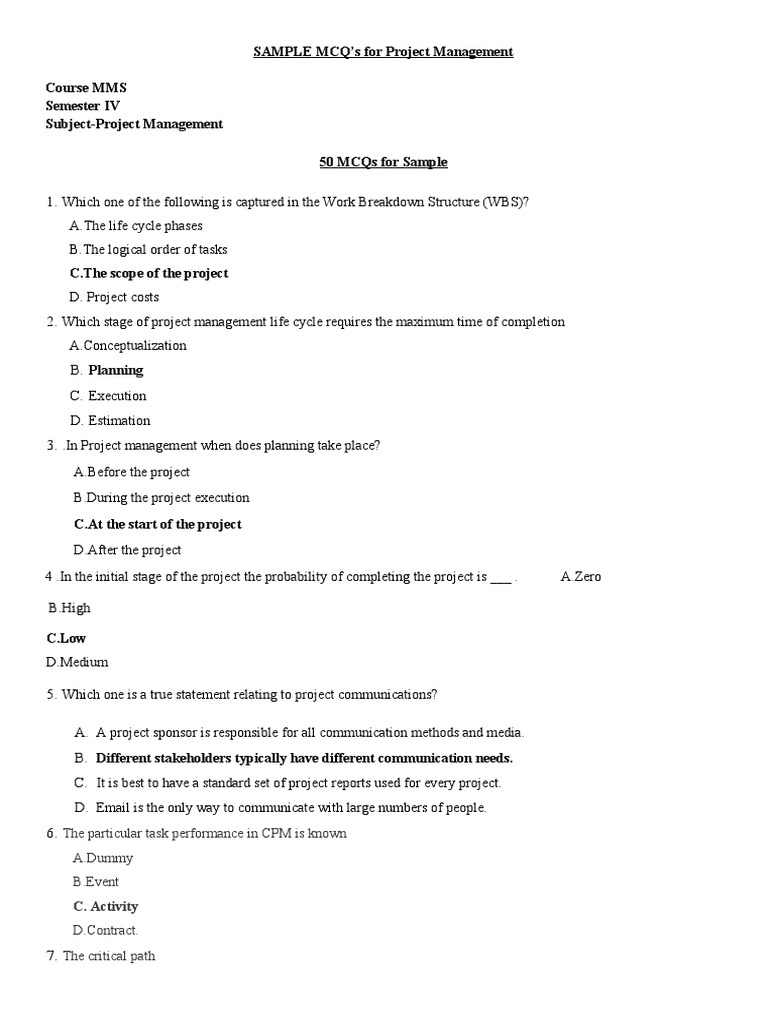 50 MCQs SAMPLE For Project Management | PDF | Entrepreneurship | Net ...