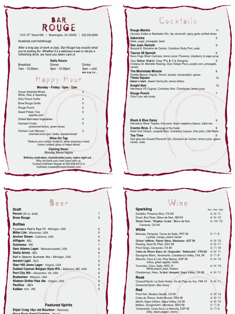 Bar Rouge Drink Menu | Wine Grape Varieties | Fermented Drinks