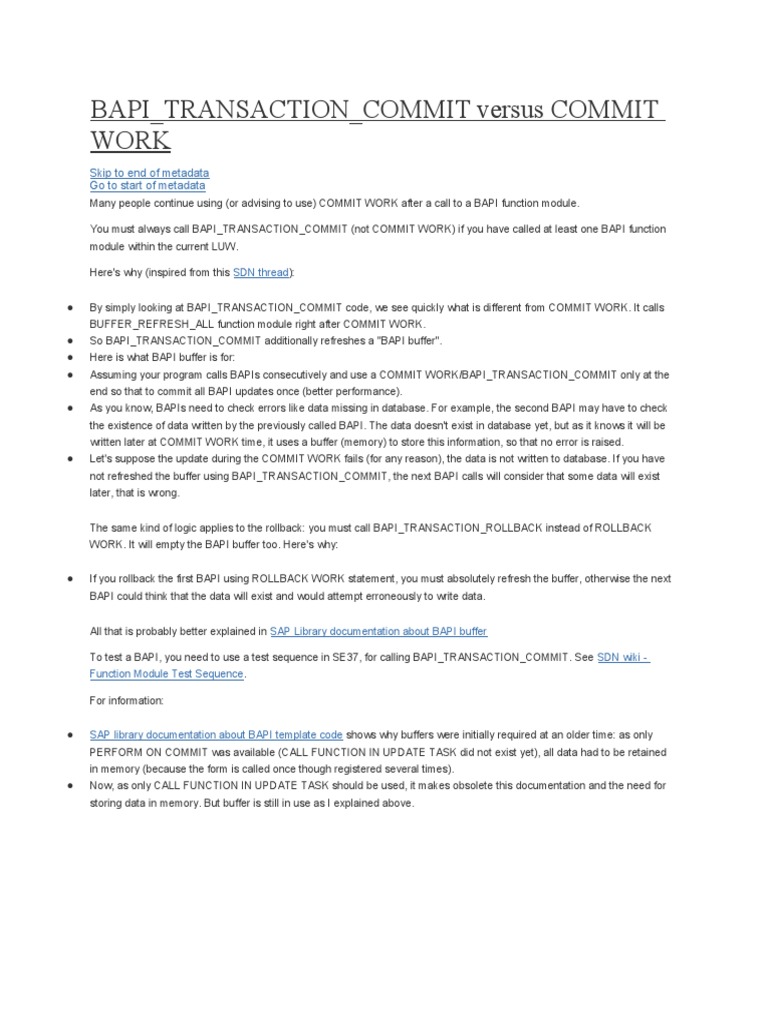 Difference between COMMIT WORK and BAPI TRANSACTION COMMIT | PDF | Database Transaction | Data