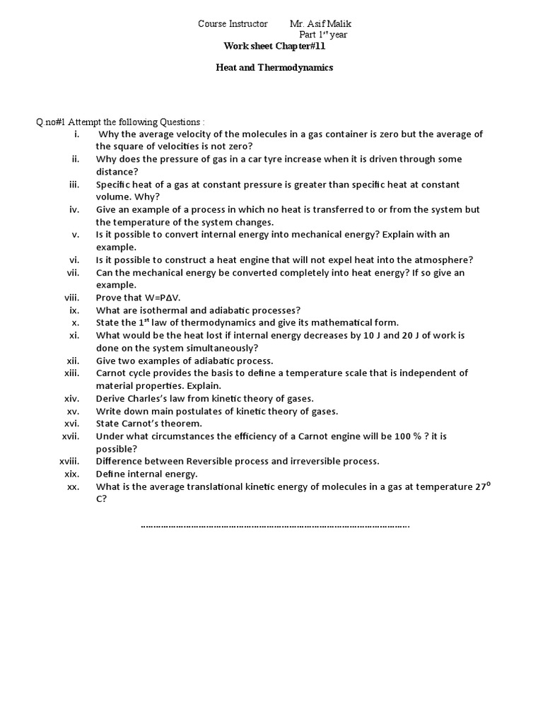 Course Instructor Mr. Asif Malik Year: Work Sheet Chapter#11 Heat and ...
