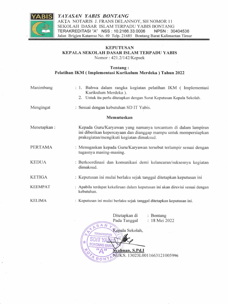 SK Pelatihan IKM SD IT Yabis 2022 | PDF