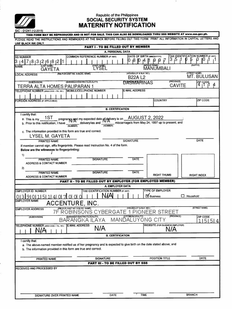 Updated SSS Maternity Notification Form | PDF