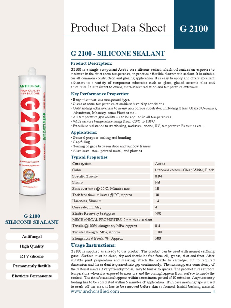 Product Data Sheet: G 2100 - Silicone Sealant | PDF | Silicone | Duct ...